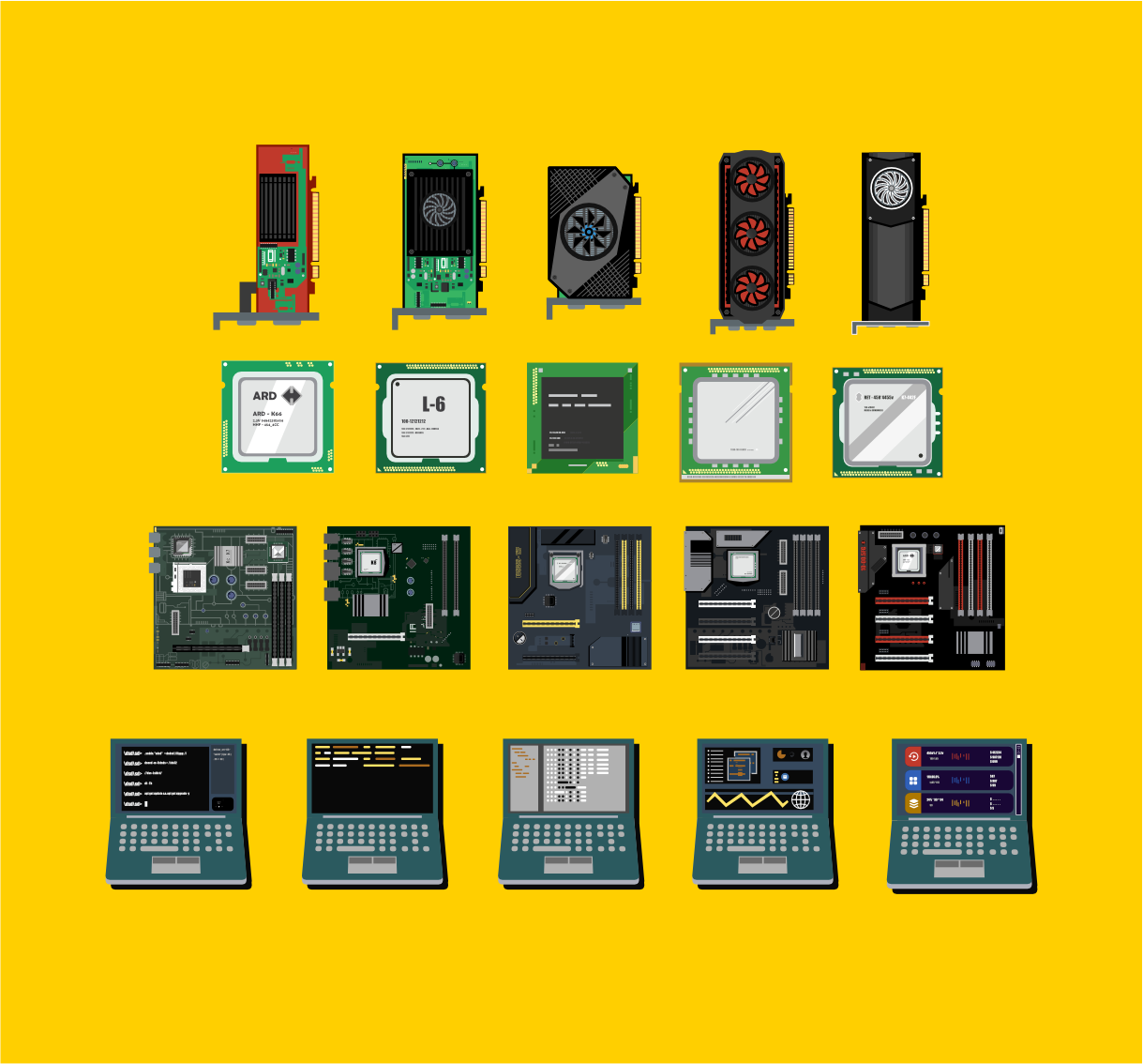 PC hardware (CPU, GPU, Motherboard) and software icons by lowendplay