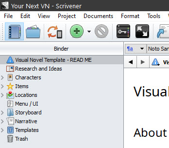Visual Novel Template for Scrivener by Tybawai