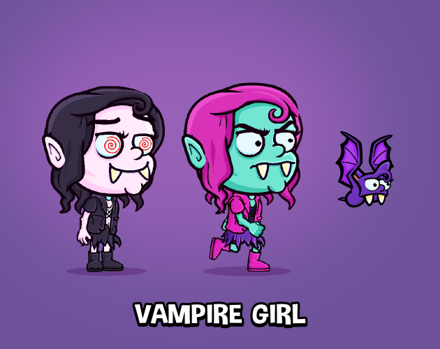 Vampire girl game character pack by Robert Brooks - gamedeveloperstudio.com