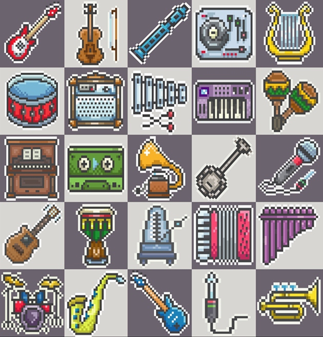 Pack of 25 musical instruments in pixelart,pixel,color,editable vector ...