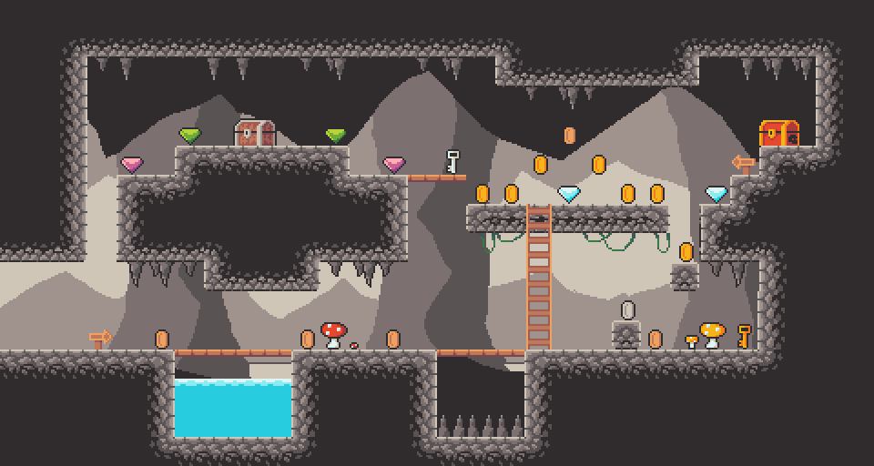Free dungeon / cave platformer tileset by raimundoNC
