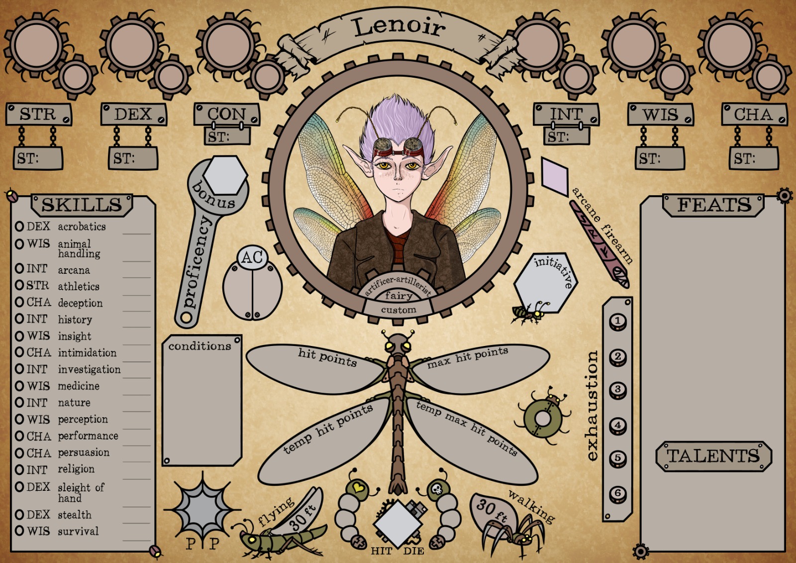 Custom Dnd character sheet - insect artificer by TornioDuva