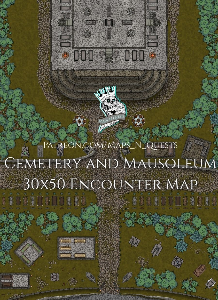 Cemetery and Mausoleum 30x50 TTRPG Encounter Map by Maps 'N' Quests