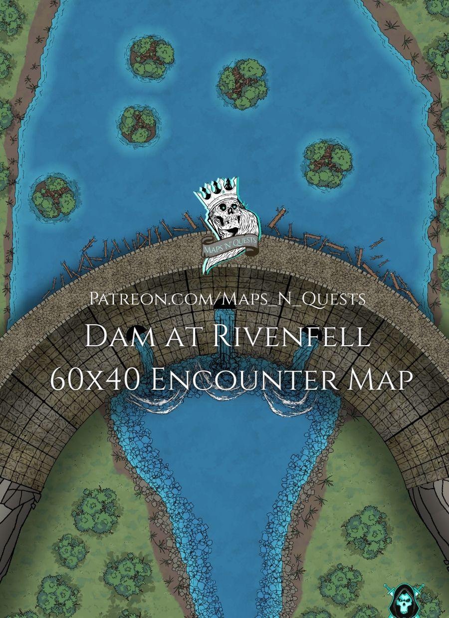 Dam at Rivenfell 60x40 TTRPG Encounter Map by Maps 'N' Quests
