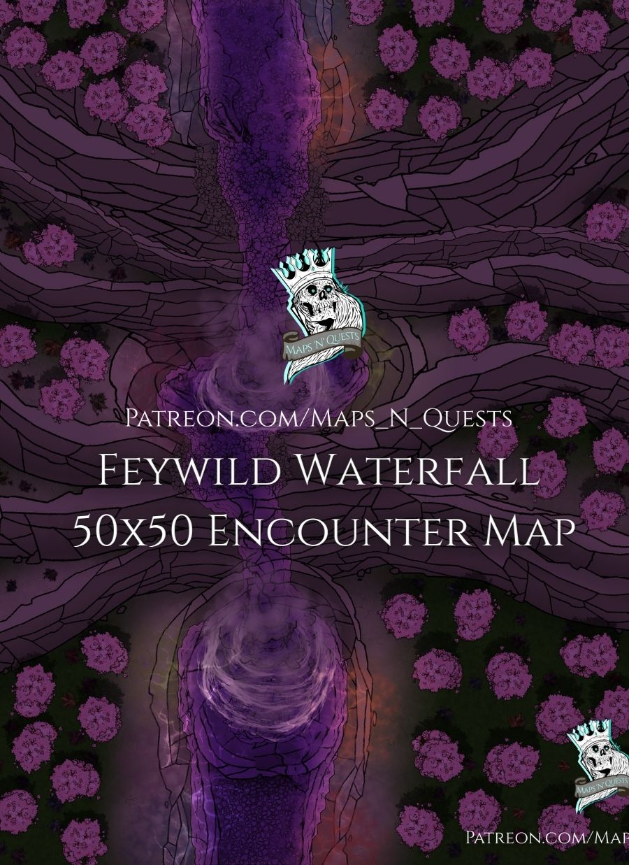 Feywild Waterfall 50x50 TTRPG Encounter Map by Maps 'N' Quests