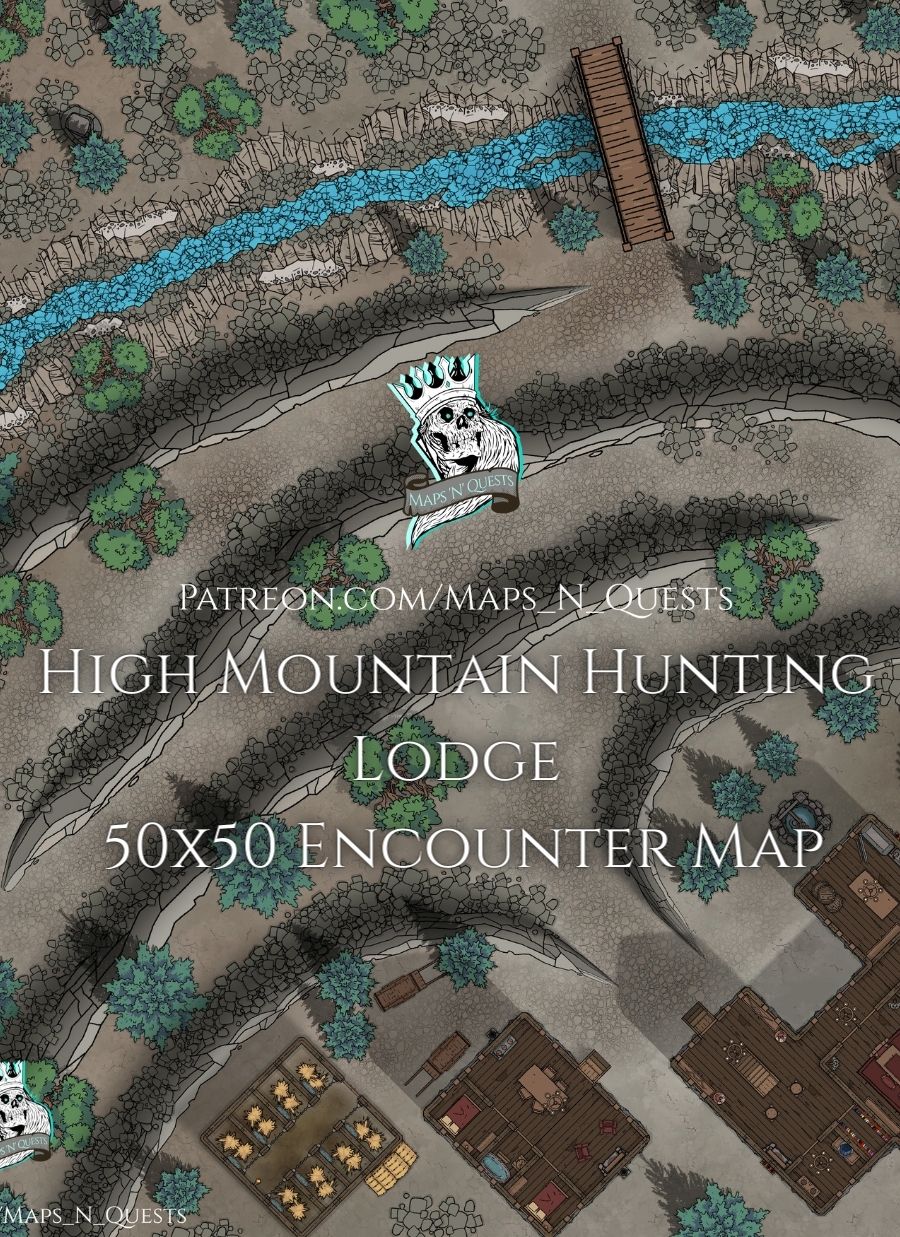 High Mountains Hunting Lodge - 50x50, 2 story TTRPG Encounter Map by Maps 'N' Quests
