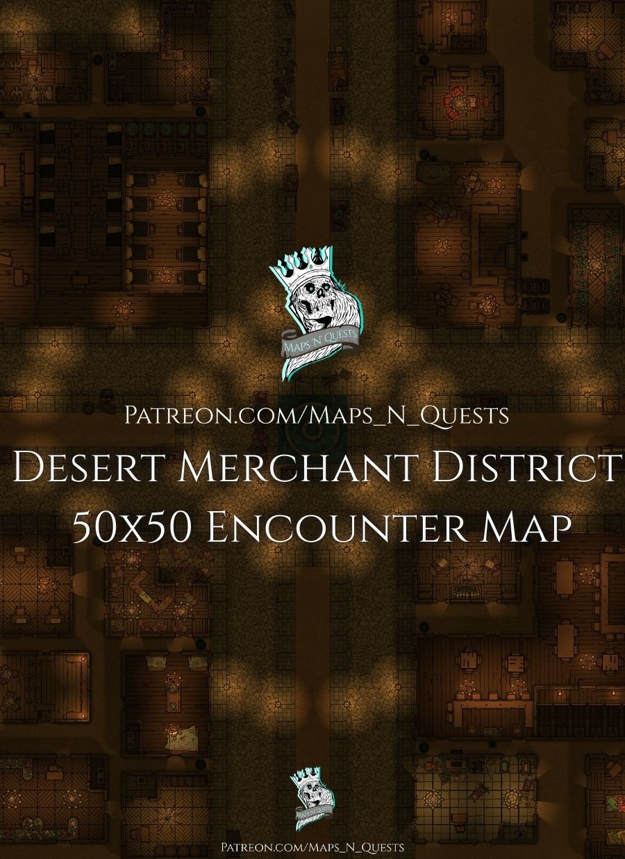 Desert Merchant District - 50x50 TTRPG Encounter Map by Maps 'N' Quests