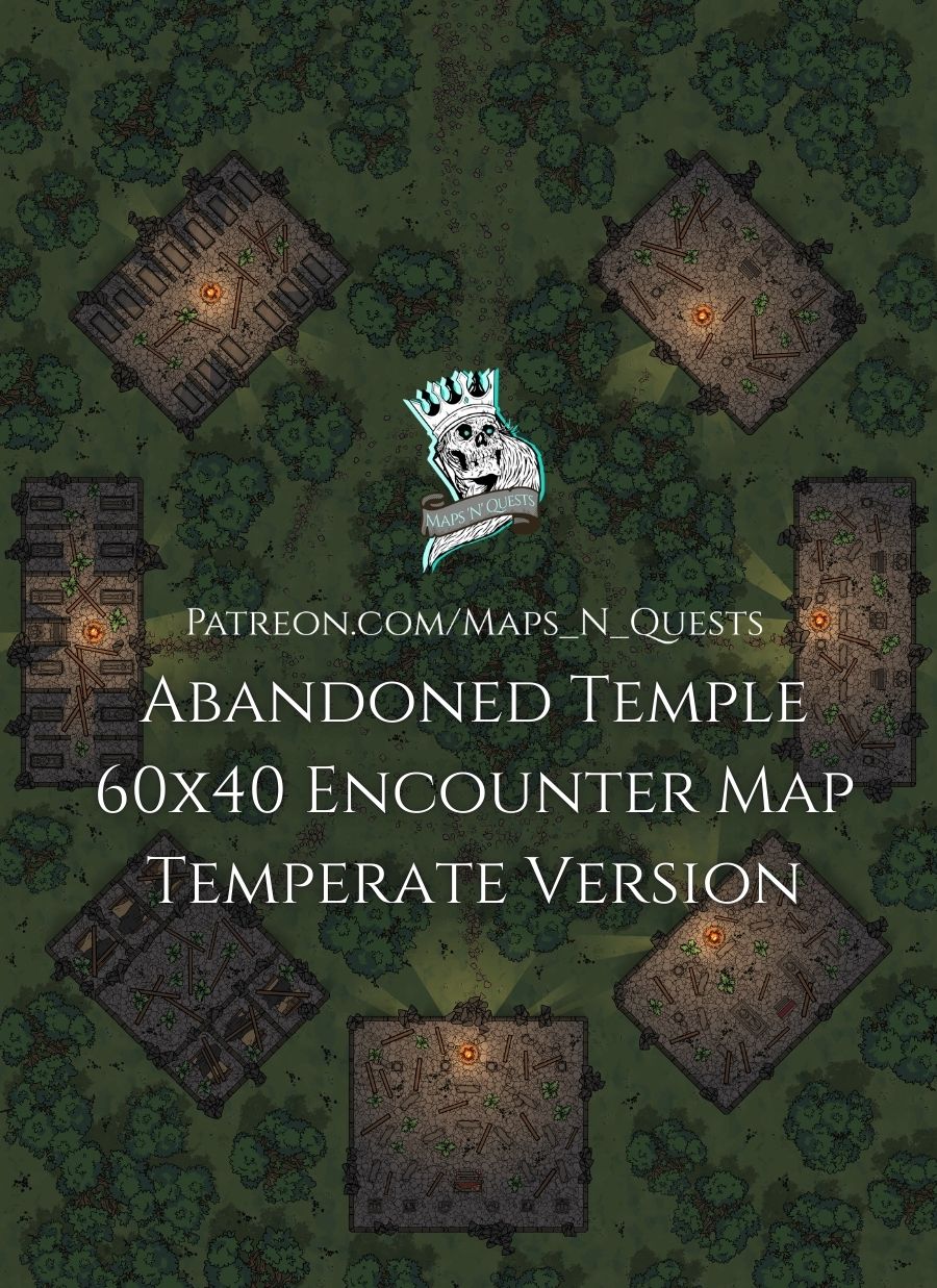 Abandoned Temple 60x40 Encounter Map - Temperate Variant by Maps 'N' Quests