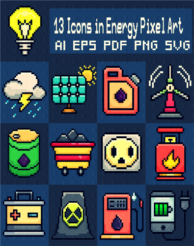 Pack of 13 Power and Energy Icons in Pixelarte, Energy Pixel art ...
