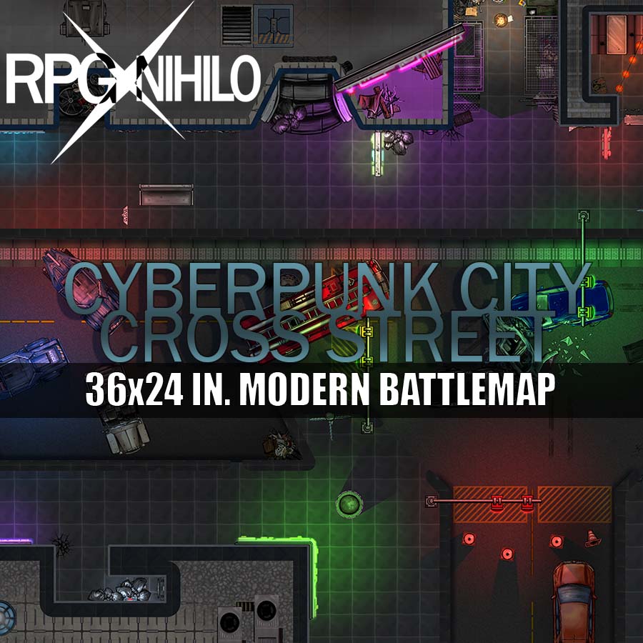 Cyberpunk City Cross Street (36x24IN) Modern Battle Map by rpgxnihilo